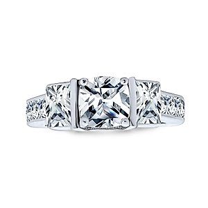 Personalize Art Deco Style 3CT AAA CZ Three Stone Past Present Future Cubic Zirconia Promise Rectangle Square Brilliant Princess Cut Engagement Ring For Women .925 Sterling Silver Customizable