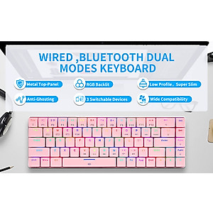 chuangquan CQ009 Mechanical Wireless/Wired Gaming Keyboard Bluetooth 5.0 RGB Backlit Red Switch Compact 69 Keys Compatible with PC, Laptop and Smartphone (Pink)