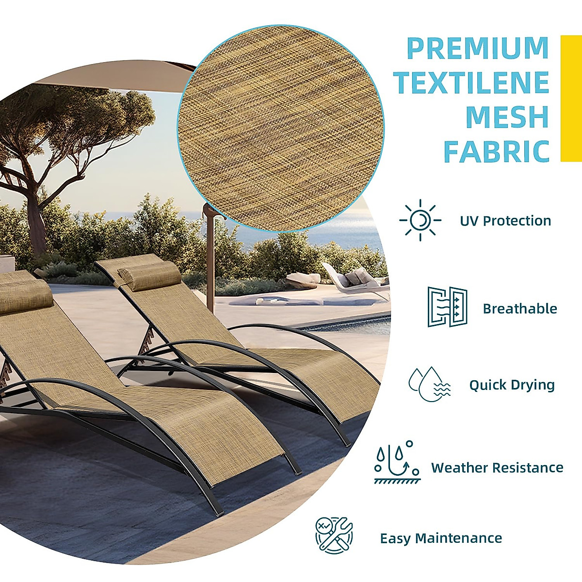 EROMMY All-Weather Textiline Recliner Chairs Set of 2 Outdoor Lounge Chairs with Adjustable Backrest (Arc Brown, Set of 2)