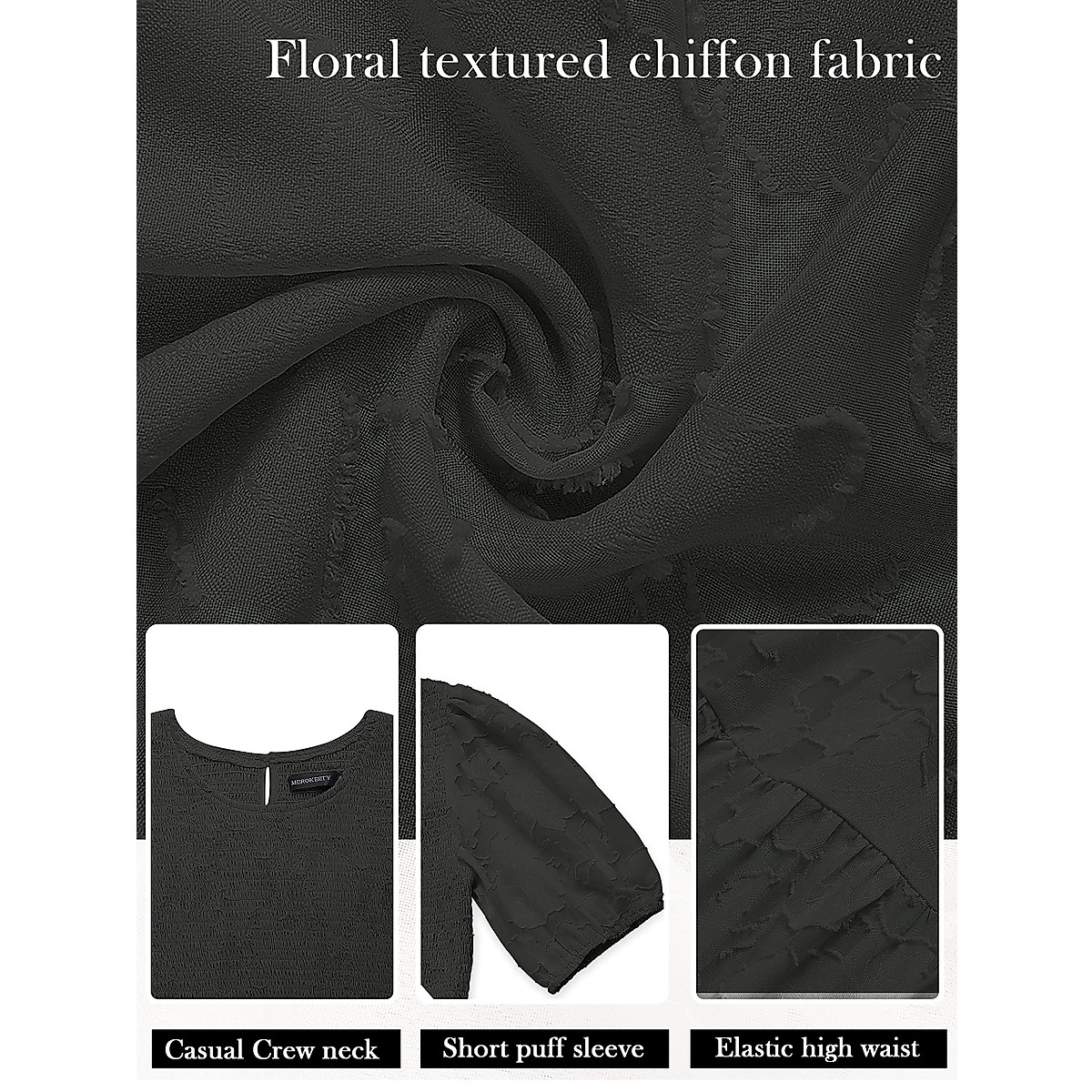 MEROKEETY Women's 2025 Summer Puff Sleeve Smocked Floral Dress Crewneck Lace Flowy Tiered Midi Dresses,Black,M