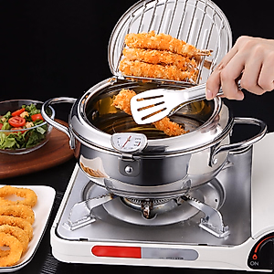 Deep Fryer Pot 304 Stainless Steel Japanese Frying Pot 3.4L/9.4 Inch Tempura Frying Pot with Lid, with Temperature Control Oil Drip Drainer Rack for Fried Chicken, Shrimp, French Chips dip
