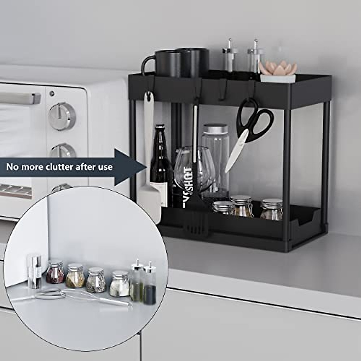 Mamibot 2 Tier Under Sink Organizer Shelf with Sliding Storage Drawer, Multi-Purpose Pull Out Collection Baskets with Hooks for Cabinet Kitchen Bathroom, Black