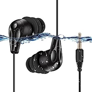 AGPTEK IPX8 Waterproof in-Ear Earphones, Coiled Cable Swimming Earbuds with Stereo Audio Extension Cable, Wired, Black