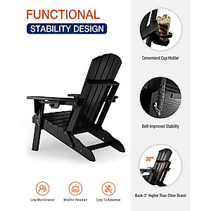 POWERWOOD Folding Adirondack Chair Wood Texture, HDPE Higher Back Plastic Adirondack Chairs with Cup Holder, Weather Resistant Composite Chair for Outdoor, Patio, Lawn, Garden, Fire Pit Chairs (Black)