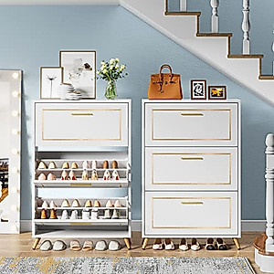 LITTLE TREE Mid-Century Modern White and Gold 3 Flip Drawers Shoe Storage Cabinet for Entryway