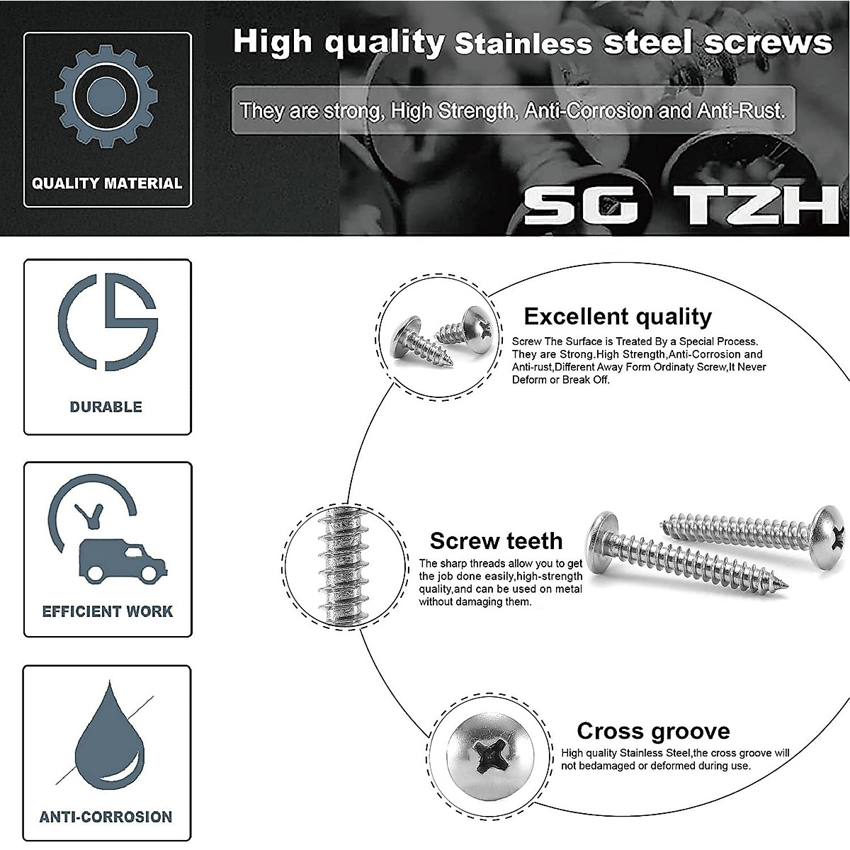 #4 x 1/4" Wood Screw 100Pcs Truss Head Phillips 18-8 (304) Stainless Steel Fast Self Tapping Screws by SG TZH