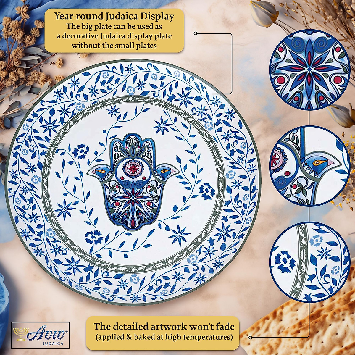 Artistic Passover Seder Dinnerware Set Floral Hamsa Design by Jessica Sporn - Quality Porcelain Round Seder Plate Square Matzah Tray Silk Matzo Cover, Afikoman bag - Pesach Decoration by Aviv Judaica