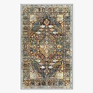 NICETOWN 5x8 Vintage Area Rug - Thin Washable Boho Non-Slip Entryway Rug Oriental Medallion Living Room Rug Entrance Mat Carpet for Kitchen Laundry Bathroom Bedroom, Green