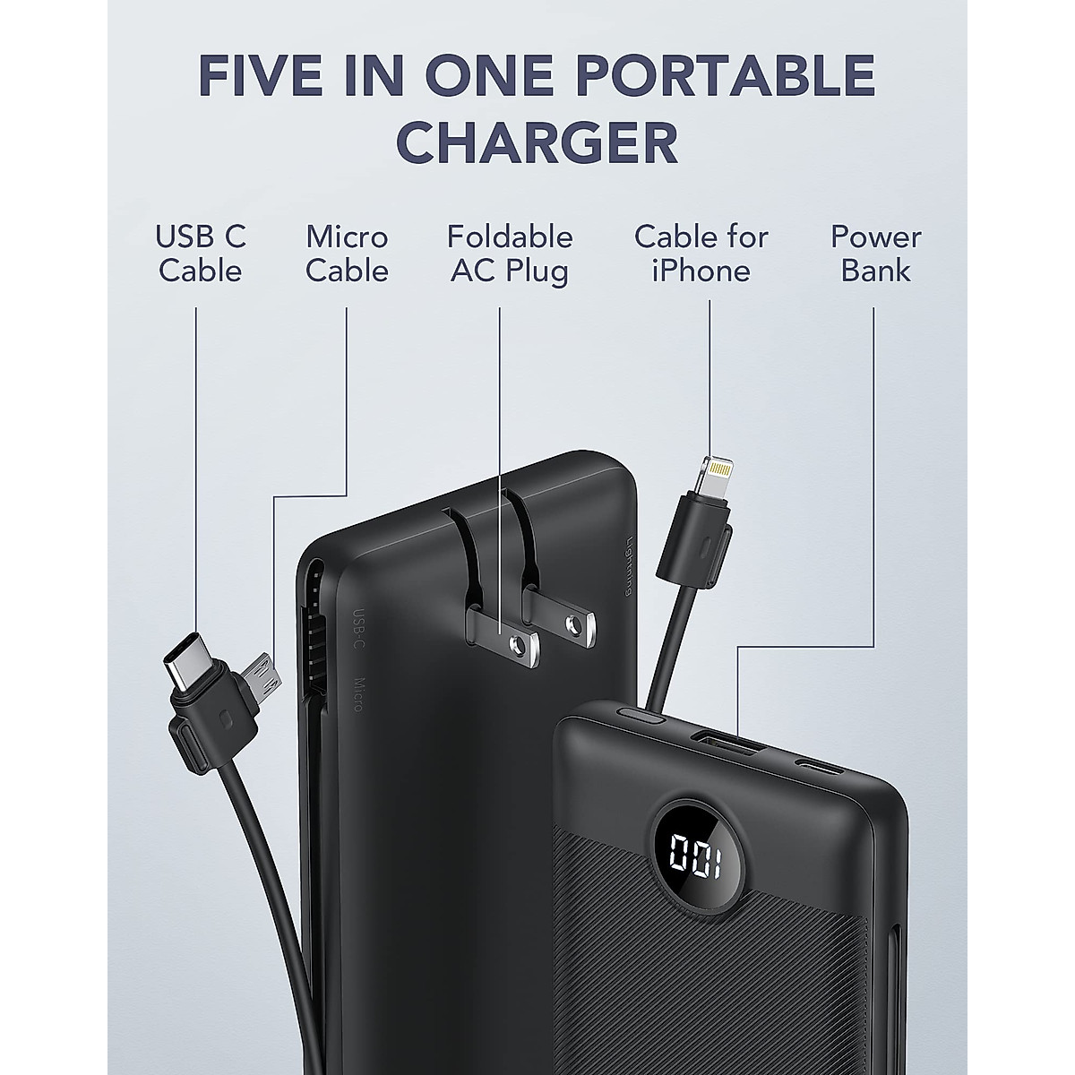 VRURC Portable Charger Built-in Cables and AC Wall Plug, USB C Power Bank 10000mAh, [2023 Upgraded Version] Phone Charger Compact Lightweight External Battery Pack for Smart Phones, Tablets etc-Black