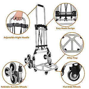 TOLEAD Foldable Stair Climbing Cart 180lb Capacity Convertible Hand Trucks and Dolly,Adjustable Height 3 in 1 Heavy Duty Stair Climber Cart with 10 Wheels