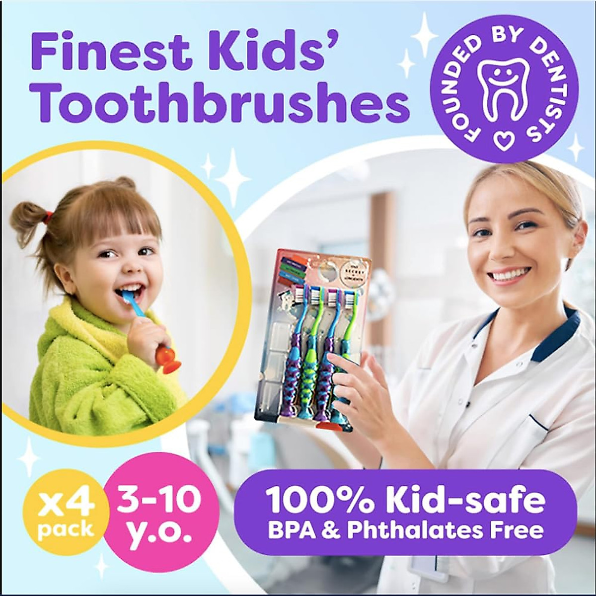 4-Pack of Kids Childrens Toddler Child Sized Brush Heads (3-8 Year Old) Boys Blue Purple Green Extra Soft Bristle Easy Grip BPA Free Toothbrush Set w/ Suction Base w/ Travel Dust Covers