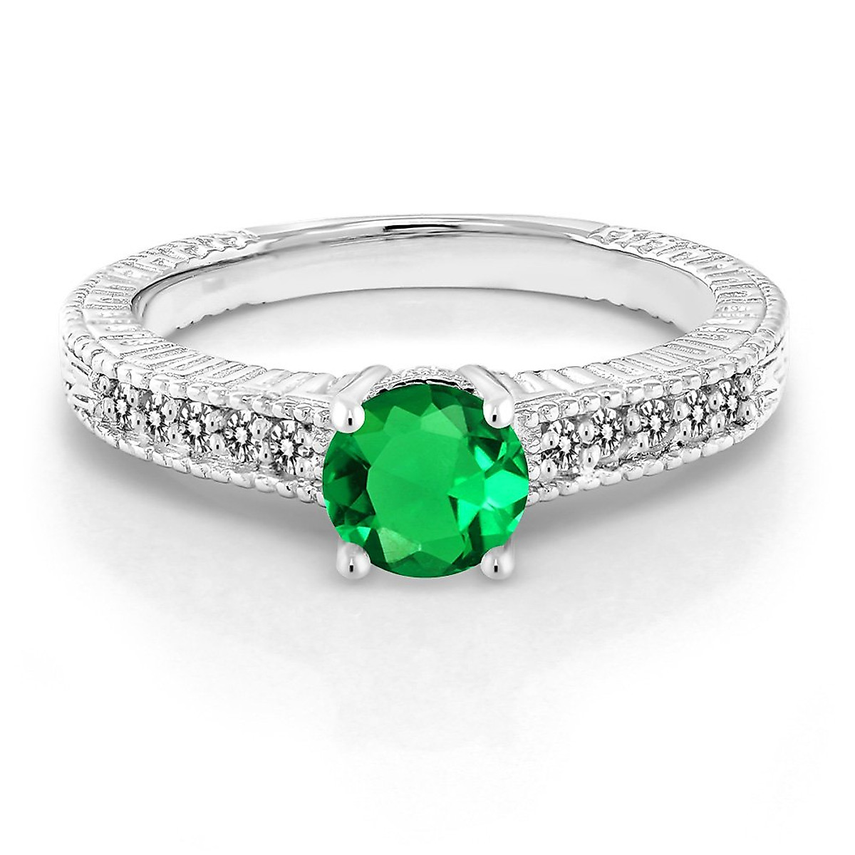 Gem Stone King 925 Sterling Silver Green Simulated Emerald and White Diamond Women Engagement Ring (0.94 Ct Round 6MM, Available In Size 5, 6, 7, 8, 9)