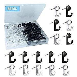 50 PCS Push Pin Hooks, Plastic Heads Cork Board Hooks Decorative Thumb Tacks Hook for Photo Wall, Bulletin Board, Home Wall, Home Office School Supplies (Black and Clear)