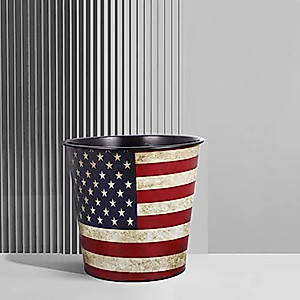 Happyyami American Flag Printed Metal Trash Can Vintage Garbage Bin Reusable Round Bedroom Rubbish Can Retro Kitchen Wastebasket for Farmhouse Home Office