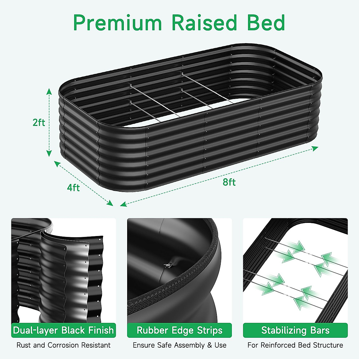 GreatBuddy Raised Garden Beds Outdoor 8x4x2ft, Large Metal Planter Box for Deep-Rooted Vegetables, Flower, Fruit, Herbs, and Succulents w/ 478 Gallon Capacity, Black