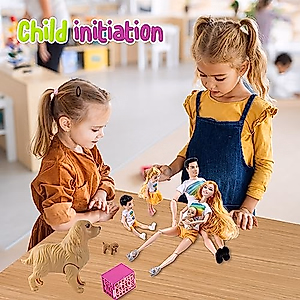 Family Dolls Set of 6 People with Dollhouse Pets Included Pregnant Mom Dad 3 Kids and Baby Boy in Mommy's Tummy, Doll Playsets and Accessories for 3-12 Years Old Toddlers Gift