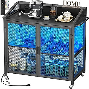 Cyclysio Sideboard Buffet Cabinet with Power Outlets, Wine Bar Cabinet with LED Lights Kitchen Storage Cabinet Modern Accent Buffet Cabinet with Door for Bedroom, Living Room, Kitchen, Office Black