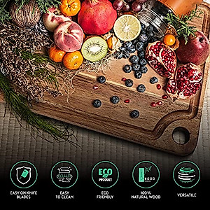 AZRHOM Large Wood Cutting Board for Kitchen 18x12 with Juice Groove Handle Non-slip Mats Hanging Hole for Meat Vegetables Cheese Chopping Board Butcher Block (Acacia)