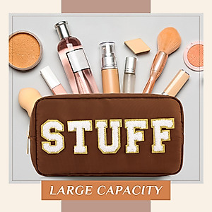 Cunno 4 Pcs Preppy Makeup Bags Chenille Letter Stuff Bag Nylon Cosmetic Pouch Cases with Zipper for Women Travel Toiletry(Brown Set,Vivid)