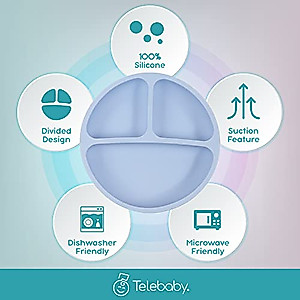 Telebaby Suction Plates for Babies & Toddlers | 100% Silicone with Divided Design | Suction Feature Keeps Plates in Place | Dishwasher & Microwave Safe | 4 Pack