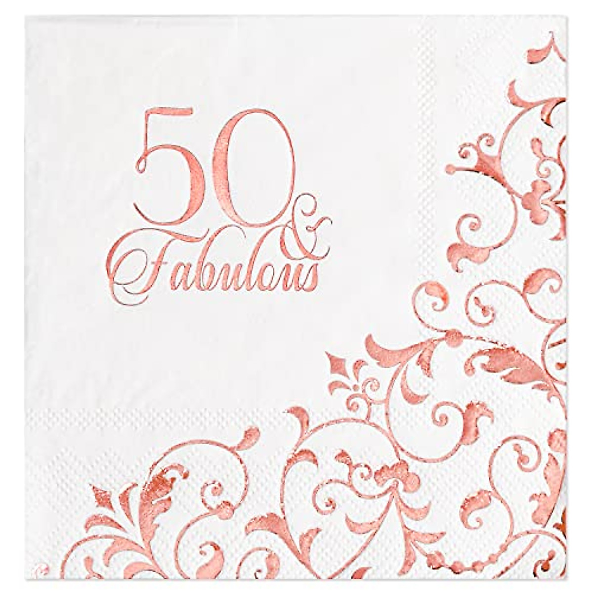 Crisky Rose Gold 50 Fabulous Cocktail Napkins for Women 50th Birthday Party Decorations, 3-Ply Disposable Beverage Dessert Napkins, 50 Counts