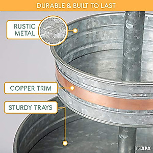 Ilyapa Galvanized Three Tier Serving Tray, Metal Three Tiered Tray Platter, 3 Tier Stand with Copper Trim, 3 Tiered Serving Stand for Cake, Cupcakes, Dessert, Appetizers & More