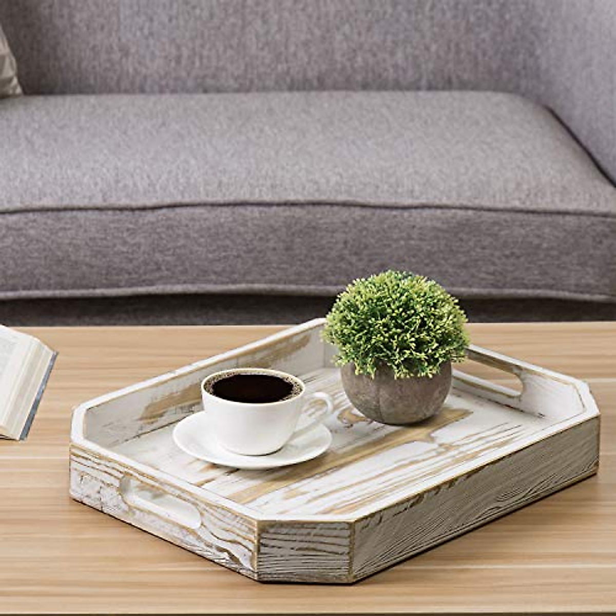 MyGift Shabby White Washed Solid Wood Large Serving Breakfast Tray with Cut-out Handles and Angled Edges, Decorative Ottoman Coffee Table Server Tray Platter, 16 x 12 inch