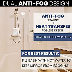 Portable Hanging Fogless Shower Mirror for Shaving with Hangable Hook, Razor Holder and Anti Fog Shatterproof Surface - Fill Basin Behind Mirror with Hot Water for Fog Free Shave - 8" x 7" (White)