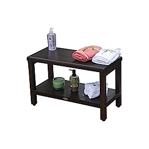 DecoTeak Eleganto Classic Shower Bench 30" Long Natural Teak Wood Armless Shower Stool with Shelf Open Back Wood Shower Bench in Woodland Brown Finish