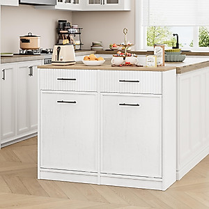 GAOMON Double Fluted Tilt Out Trash Can Cabinet, Hidden Garbage Can Cabinet 20 Gallon, Freestanding Dog Proof Trash Can Cabinet, Wooden White Trash can for Kitchen Dining Living Room