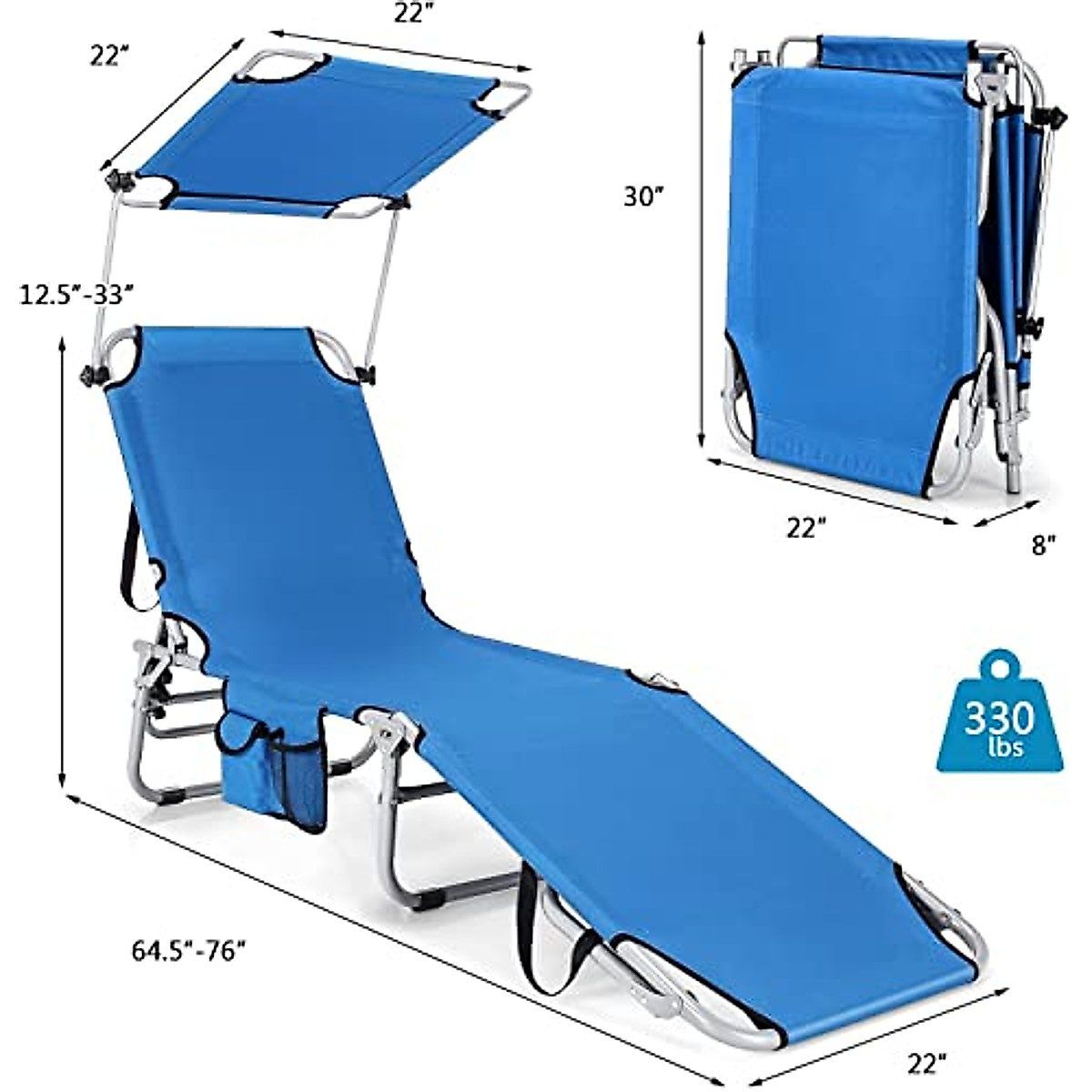 Tangkula Outdoor Folding Chaise Lounge Chair, 5-Fold Reclining Beach Chair, Patio Recliner Chair w/ 360° Canopy Shade & Side Storage Pocket, Portable Chaise Lounge for Beach, Sunbathing (1, Navy)