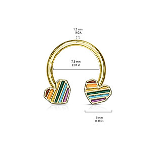 Pierced Owl 16GA 316L Stainless Steel Rainbow Heart Ends Septum Cartilage Horseshoe Barbell (Silver Tone)