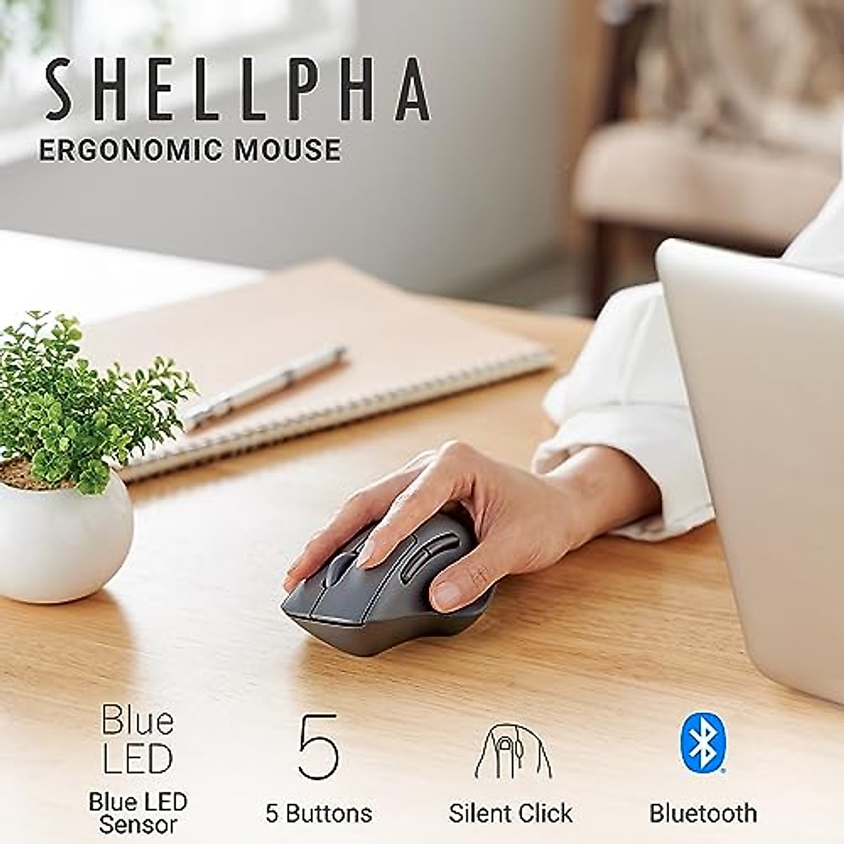 ELECOM Bluetooth Mouse Ergonomic Shape, Silent Click, 18-Month Battery Life, 2000DPI, 5 Buttons with Tilt Wheel, Optical Sensor, Compatible with PC, Mac, Laptop, SHELLPA, Black (M-SH30BBSKBK)
