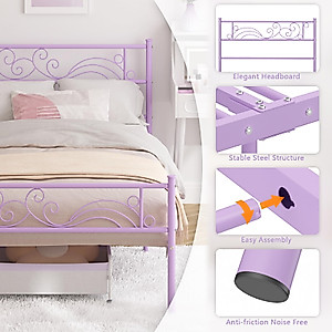 Weehom Twin Bed Frame with Headboard, Princess Bed Metal Platform No Box Spring Needed,Heavy Duty Metal Slats Support Easy Assembly for Kids Girls Adults Purple