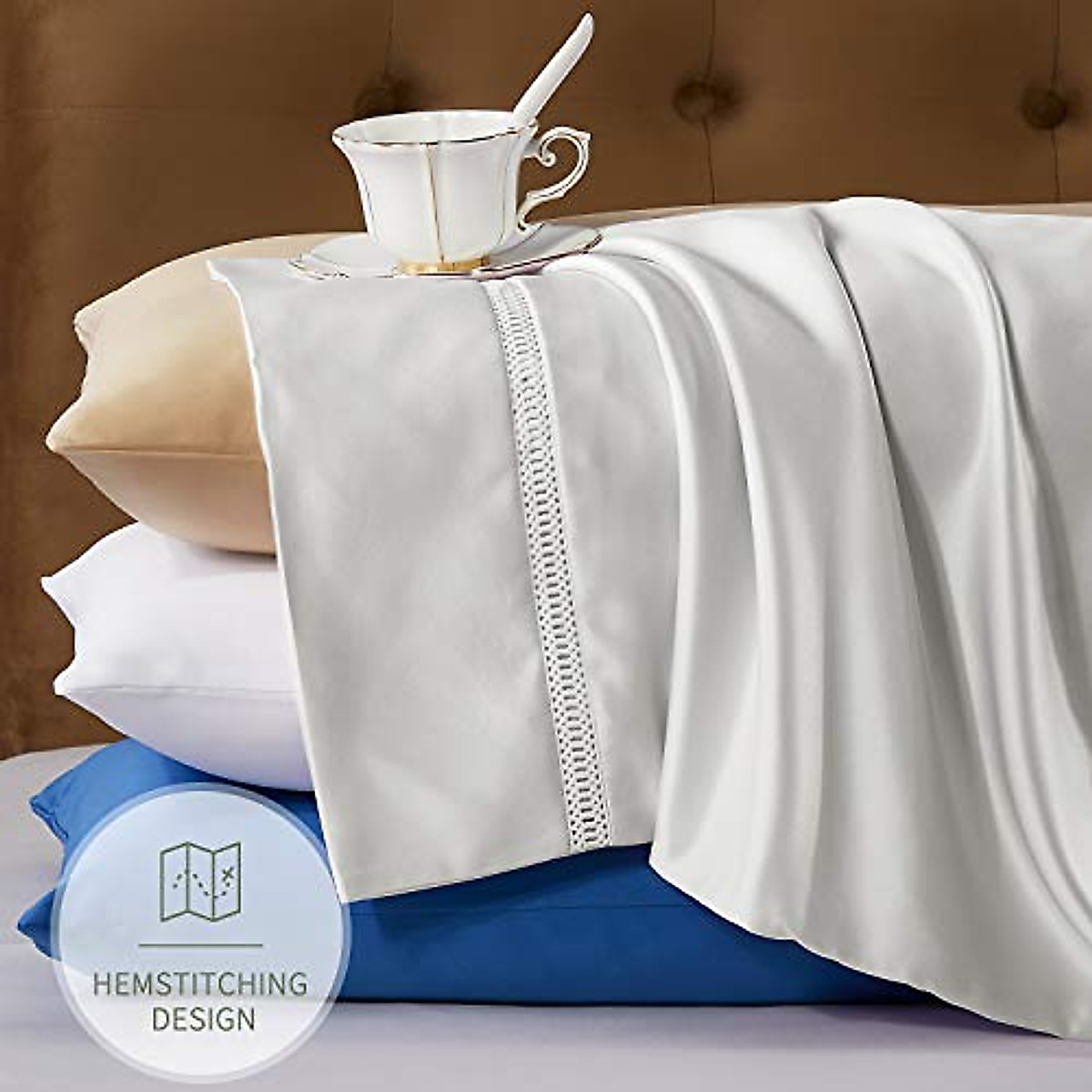 LEJIAN Silk Bedding Pillowcases - 2 Pack Queen Size(20X30 Inch) - Hemstitched Pillow Cases - Soft Silk Pillowcase with Envelope Closure, White