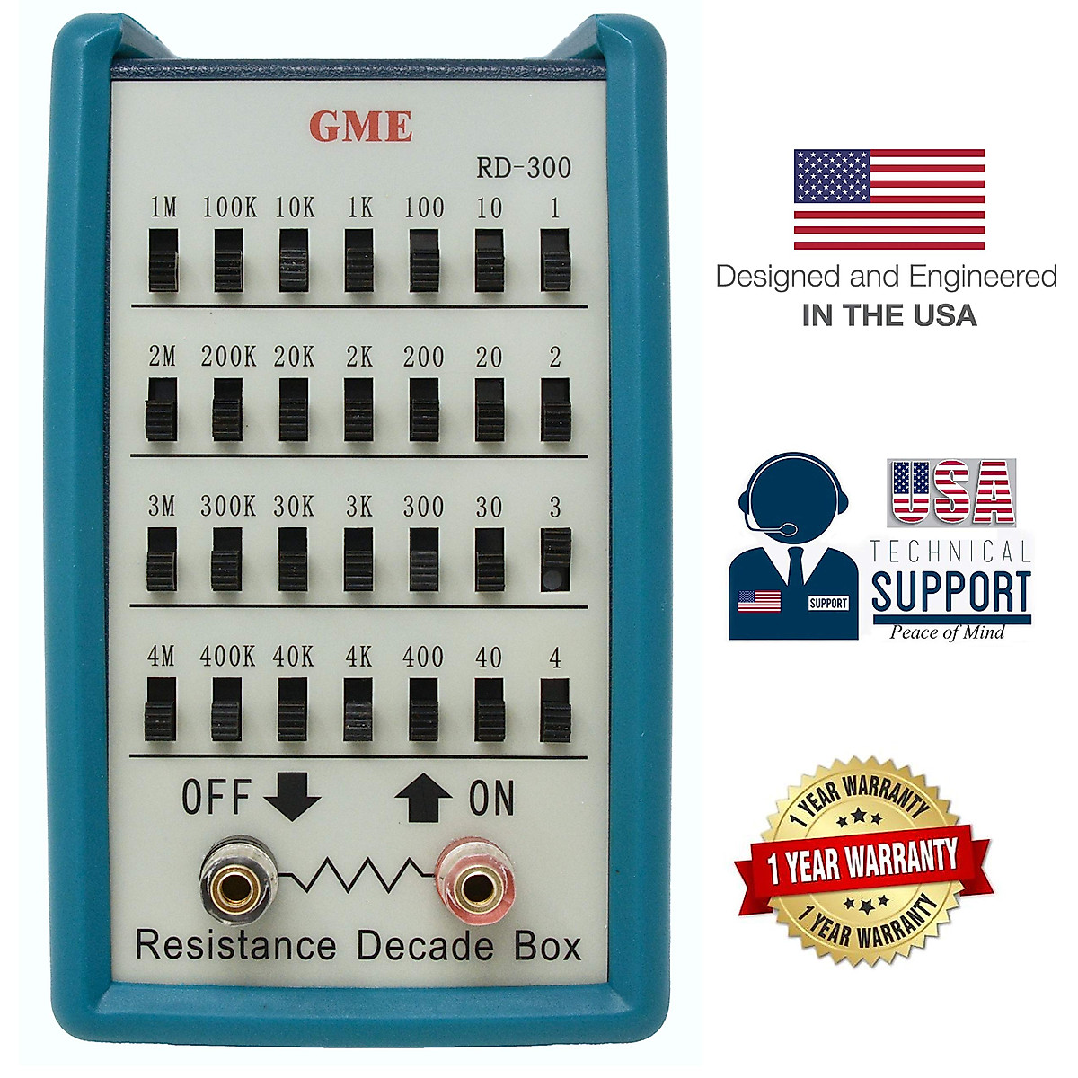 GME RD-300 Resistance Substitution Decade Box, 7 Decades Range, 1Ω to 11MΩ, 1% Accuracy, 1-Watt Rated resistors, Designed in The USA