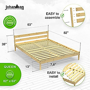 JERRY JOHANSSON Queen Size Bed Natural Solid Wood Platform Bed Frame — Foundation Bedframe with Headboard | Easy Assembly Wooden Slats | No Box Spring Needed | Rustic Pine 60 x 80 — Boston Collection