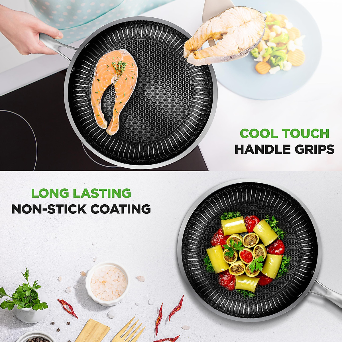 NutriChef 10" Stainless Steel Frying Pan - Triply Kitchenware Stir Fry Pan Kitchen Cookware w/DAKIN Etching Non-Stick Coating, Scratch-resistant Raised-up Honeycomb Fire Textured Pattern NC3PL10