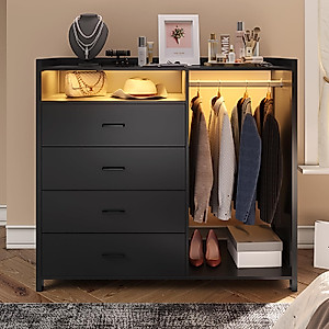 VIAGDO Dresser for Bedroom with Clothes Rail, Chest of 4 Drawers with LED Lights, Modern Black Dresser with Open Storage Space for Bedroom Entryway, Large Capacity