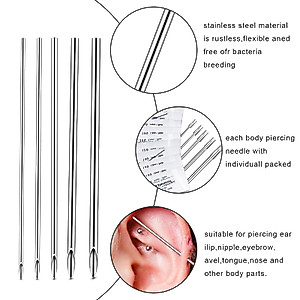 Honoson 100 Pcs Ear Nose Body Piercing Needles Mix Size 12G 14G 16G 18G 20G Stainless Steel Piercing Jewelry Kit and 1 Pcs Slotted Locking Pennington Forceps for Kit Supplies