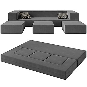 Vivaadecor Folding Bed Couch, 80''W Floor Foam Sofa with 3Ottomans& Washable Velvet Cover,Modular Sectional Sofa Futon Sleeper Convertible Memory Mattress for Guest Room/Playroom,Queen,Deep Grey