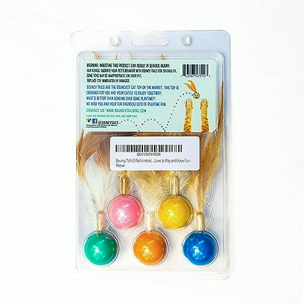 Bouncy Tails 5 Pack Interactive Bouncy Ball with Natural Feathers for Indoor Cats and Kittens who Love to Play and Have Fun.