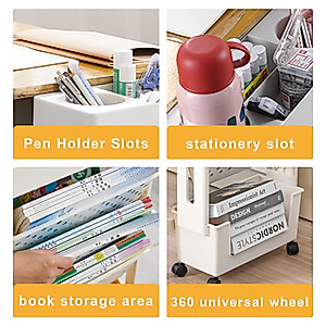 Albnegru 5-Tier Mobile Bookshelf with Wheels, Slim Rolling Storage Cart Movable Bookshelf File Storage with Pen Holder for Home, Office, and School Storage