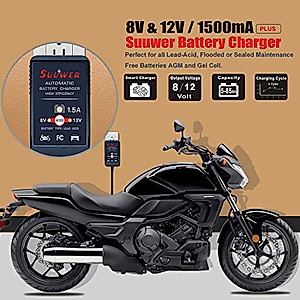 Suuwer 1.5-Amp Trickle Charger 8V/12V Fully-Automatic Smart Battery Charger/Maintainer for Motorcycle, Golf Cart, Car, Lawn Mower and More