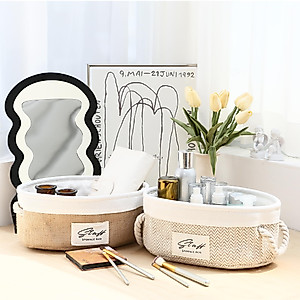 Sea Team 2-Pack Small Jute and Canvas Storage Baskets with Cotton Rope Handles - Ideal for Toiletries, Toys, Sundries, Desk Gadgets