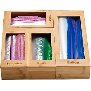 Bartnelli ziplock bag organizer for Baggie Storage Organization, 4 PC Premium Bamboo Kitchen Drawer Organizer, Bag Holder Dispenser | Compatible With All Brands With Variety Sizes to fit All Bag Sizes