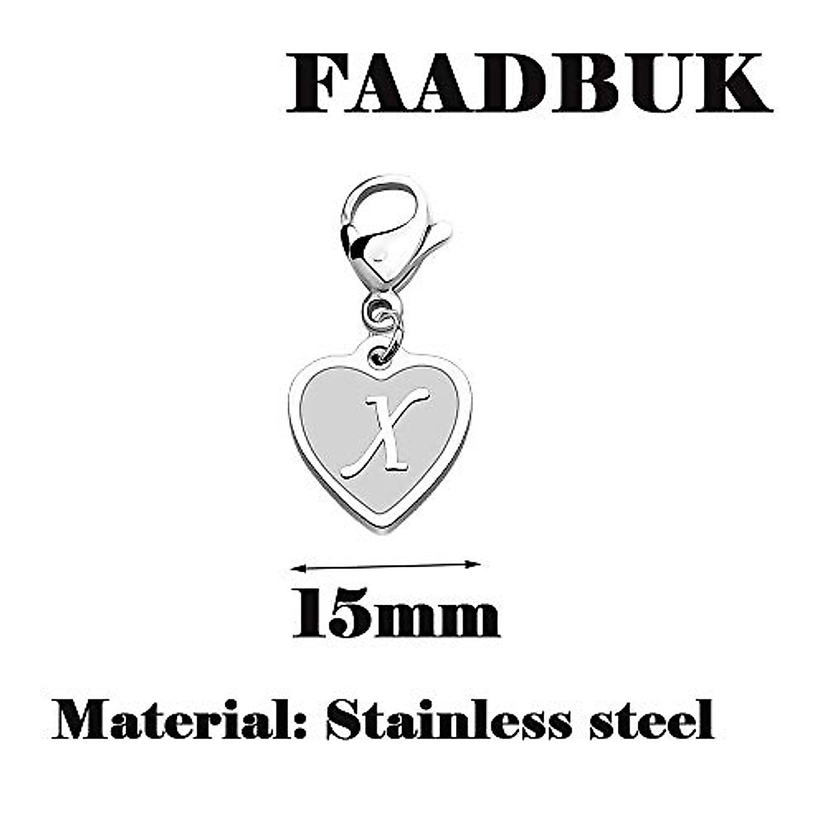 FAADBUK Initial Letter A-Z Alphabet Heart Charm for Bracelet Keychain Necklace Initial Stainless steel Clasp Clip on Charm (intial X)