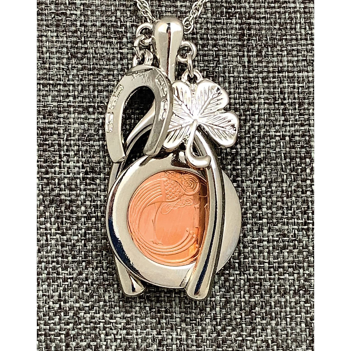 American Coin Treasures Lucky Irish Penny Silvertone Wish Bone Pendant Necklace