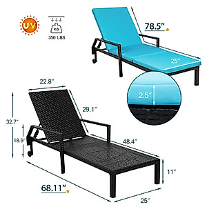 AECOJOY Chaise Lounge Chairs for Outside Outdoor Lounge Chairs Set of 2, Adjustable PE Rattan Wicker Patio Pool Lounge Chair with Cushion and Wheels for Poolside Backyard Deck Porch Garden, Blue