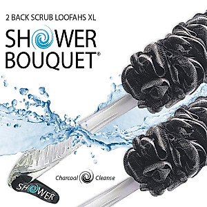 Loofah-Charcoal Back-Scrubbers 2-Pack-by-Shower-Bouquet: Long-Handle Bath-Sponge-Brushes with Extra Large Soft Mesh for Men & Women - Exfoliate with Full Pure Cleanse in Bathing Accessories